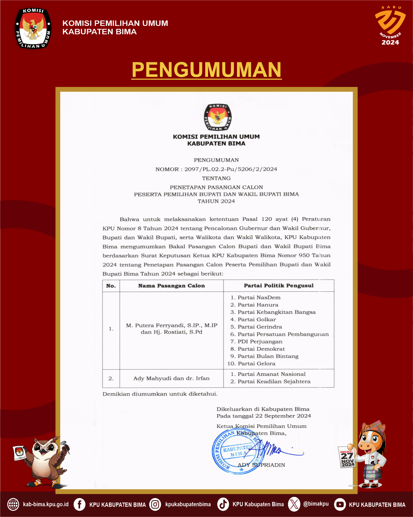 KPU KAB-BIMA - PENGUMUMAN PENETAPAN PASANGAN CALON BUPATI DAN WAKIL ...